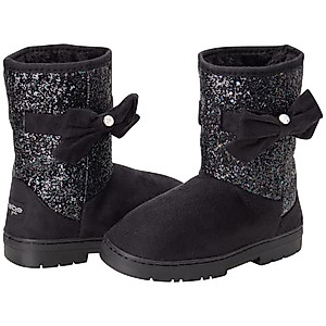 bebe Girls Winter Micro Suede Boots with Rhinestone Embellished Logo & Bow, Black Glitter, Size 2 Little Kid