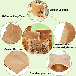 150-Pack Kraft Bags with Window 8 x 12" Reclosable Large Stand Up Mylar Bags for Food Storage Resealable Smell Proof Zip Lock Pouch, Edible Packaging, Reusable bags for Small Business