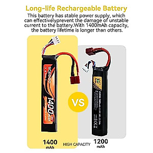 11.1V LiPo Battery Airsoft Deans Connector Rechargeable 1400mAh 30C Stick Battery with T Plug to Mini Tamiya Cable for Airsoft Guns Airsoft Rifle