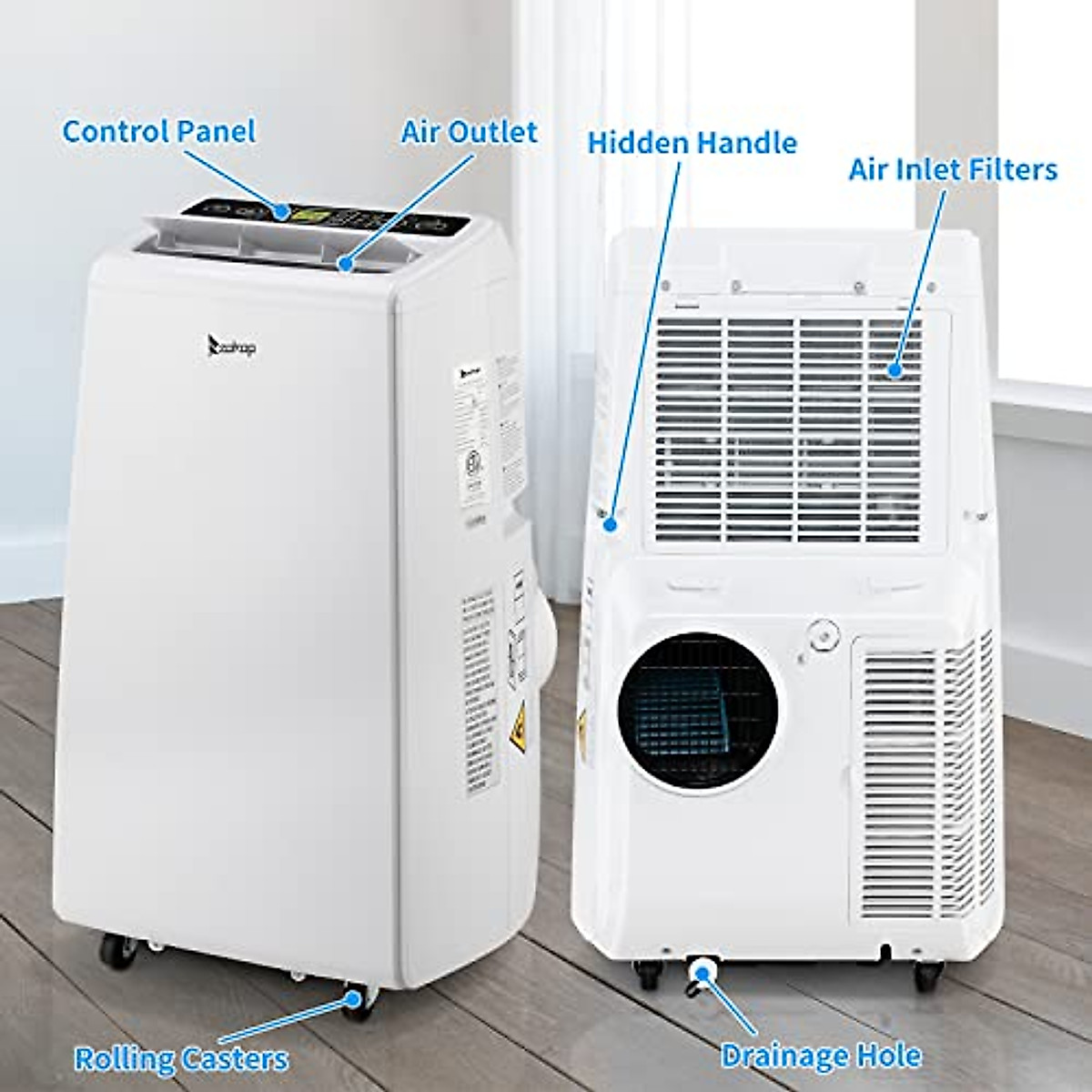 ROVSUN 13000 BTU 4-in-1 Portable Air Conditioner, Heater, Dehumidifier, Fan for Rooms Up to 550 sq ft Floor AC with Remote Control & Rolling Wheels & Window Installation Kit, White