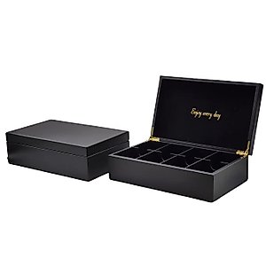 Large Capacity Wooden Tea Box Organizer, tea box storage & tea bag holder with 8 Compartments and Drawer, decorative box vintage tea box handmade wooden tea box, Black Color, Without Window Lid