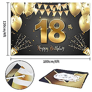 HAMIGAR 6x4ft Happy 18th Birthday Banner Backdrop - 18 Years Old Birthday Decorations Party Supplies for Girls Boys - Black Gold