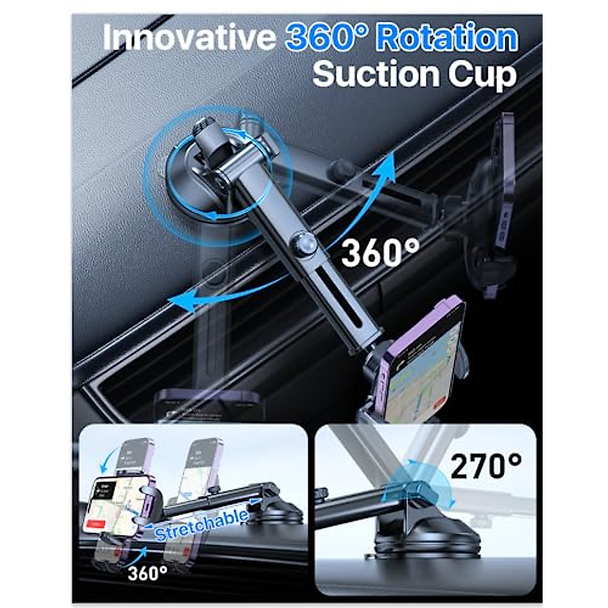 YRU [2024 Upgraded] Universal Car Phone Holder Mount【 360° Rotatable &Strong Suction】 Cell Phone Holder for Car Dashboard Windshield Phone Holder Dash Stand for iPhone 15 14 13 Samsung Truck, Black