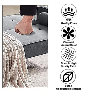 Hooseng Modern Futon Sofa Bed, Upholstered Convertible Folding Sofa Couch with 2 Bolster Pillows, Button Tufted Fabric Couch for Small Spaces, Living Room, Lounge, Apartment, Office, Blue