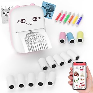 Inkless Sticker Printer, Mini Pocket Thermal Sticker Printer, Bluetooth Pocket Portable Printer with 13 Rolls Thermal Paper, Compatible with IOS and Android Phone for Photo, Memo, Notes(Pink).