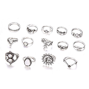 SEniutarm Engagement Love Rings Wedding Bands 14Pcs Vintage Sunflower Moon Finger Midi Knuckle Rings Set Women Party Jewelry for Women/Girl Finger Rings DIY Jewelry Gifts - Silver