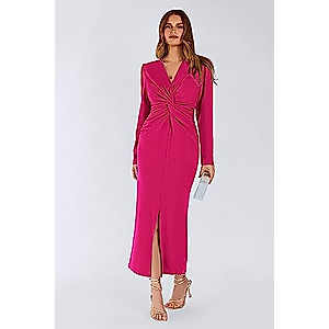 PRETTYGARDEN Women's Fall Fashion 2023 Long Puff Sleeve Maxi Dresses V Neck Twist Front Formal Dress with Slit (Rose Red,Medium)