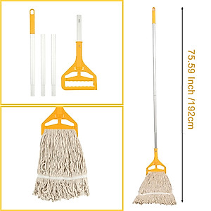 WOPPLXY Looped-End String Wet Cotton Mops, Heavy Duty Industrial Commercial Mop with Extra Mop Head Replacement, 75 Inch Aluminium Alloy Pole, Wet Mop for Floor Cleaning