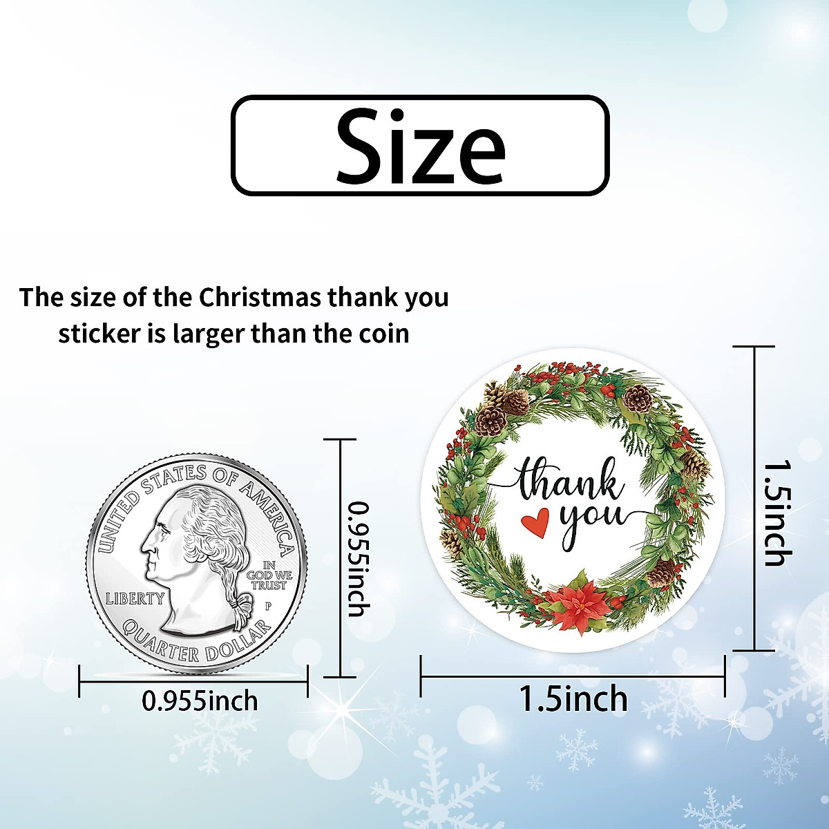 Heyfibro 1.5" Christmas Thank You Sticker Roll, 500 Pcs Thank You Stickers for Retail Stores, Boutique, Winter Holiday Round Thank You Labels for Gift Packing, Cards, Envelopes, Party Supplies