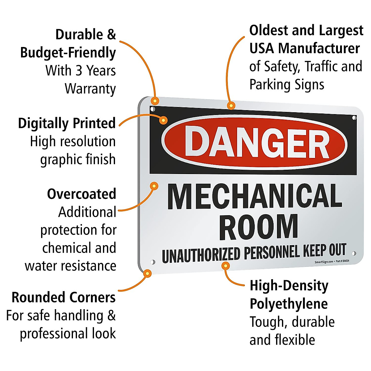 SmartSign 7 x 10 inch “Danger - Mechanical Room, Unauthorized Personnel Keep Out” OSHA Sign, Digital Printing, 55 mil HDPE Plastic, Red, Black and White