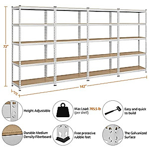 Topeakmart 4PCS 5-Tier Utility Shelves, Metal Storage Shelves Garage Shelving Unit Adjustable Garage Storage Shelves Storage Racks Heavy Duty Shed Shelving- Silver, 35.5 x 17.5 x 72 Inch