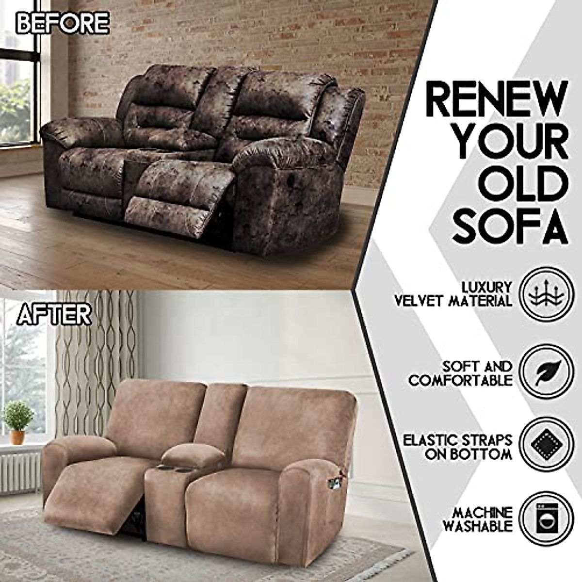 ULTICOR Reclining Love Seat with Middle Console Slipcover, 8-Piece Velvet Stretch Loveseat Reclining Sofa Covers, 2 seat Love seat Recliner Cover, Thick, Soft, Washable, Love seat Slipcovers (Sand)