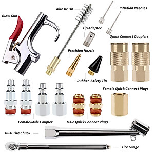 Hromee 19 Pieces Air Compressor Accessories Kit with 3/8 Inch x 25FT Hybrid Hose, 1/4 Inch NPT Quick Connect Fittings, Air Blow Gun, Tire Gauge and Wire Brush