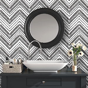 HAOKHOME Black and White Wallpaper Boho Geometric Self Adhesive Textured Wall Paper Modern for Bathroom Decor e 17.7in x 9.8ft