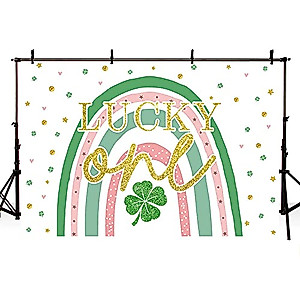 MEHOFOND Lucky One Backdrop St. Patrick's Day 1st Birthday Backdrop Lucky Charm Shamrock 1st Birthday Party Decorations Supplies Green Clover Rainbow Photography Background Vinyl 7x5ft