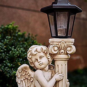 Angel Statue with Solar Lights (Left) 19.7 Inch, Solar Cherub Angel Garden Statue with Roma Pillar for Garden Decor, Porch, Patio, Yard Art Decorations, Polyresin