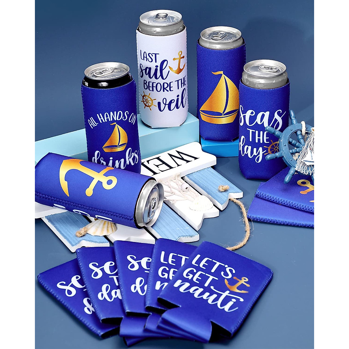 CiyvoLyeen Let’s Get Nauti Beer Can Coolers, Bachelorette Party Slim Can Sleeves Beverage Nautical Sailor Drink Holder Soda Cover Coolies Weddings Supplies Last Sail Before The Veil Decorations 12PCS