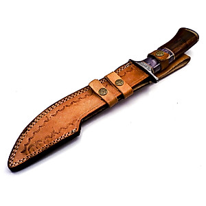 Nooraki BK-42 Handmade Damascus Steel Fixed Blade Bowie Knife with Leather Sheath, Full Tang Multipurpose Knife with Solid Marindi Wood and Bull Horn Bone Handle for Outdoor Use, 15", B/White