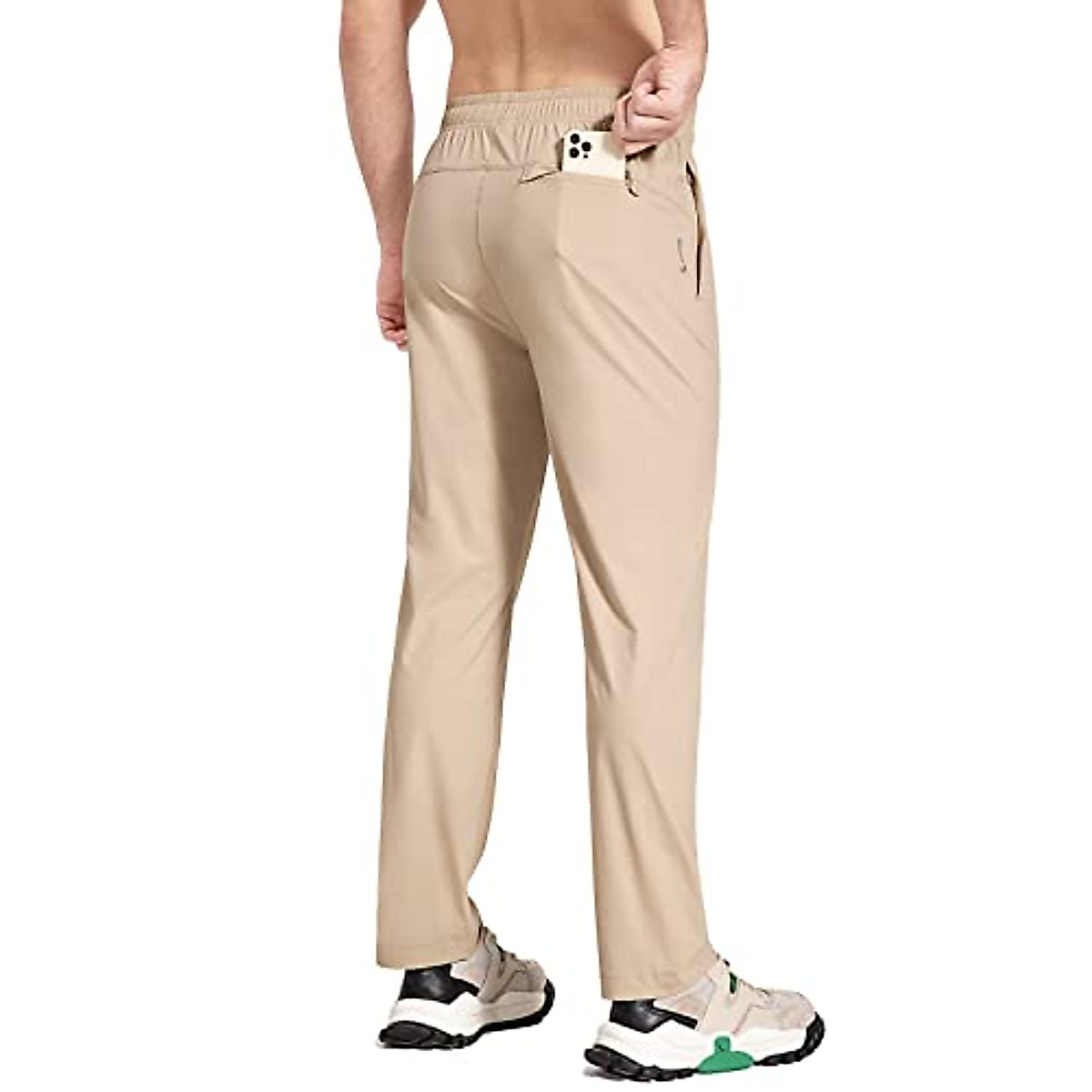 BALEAF Men's Running Pants Elastic Waist Lightweight Jogging Stretch Golf Workout Pants with Zipper Pockets Khaki XL