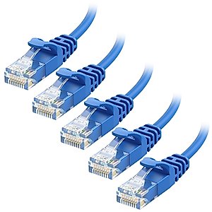 Cable Matters 10Gbps 5-Pack Snagless Short Cat 6 Ethernet Cable - 3ft, Slim Profile Cat 6 Cable, Cat6 Cord, Thin Ethernet Cord, Blue