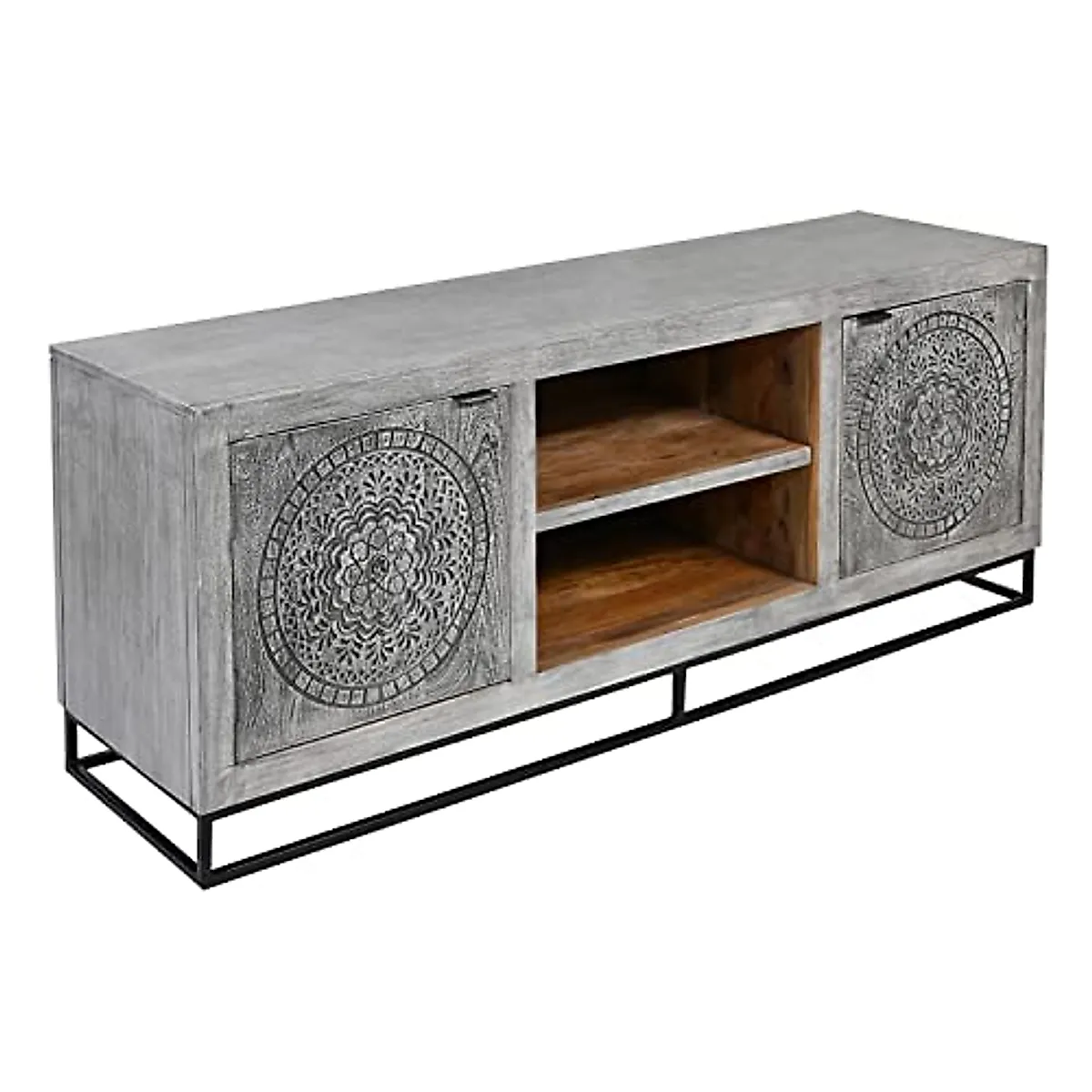 The Urban Port 63-Inch Handcrafted TV Media Entertainment Console, 2 Medallion Engraved Doors, Sandblasted Gray Mango Wood, Black Iron Stand