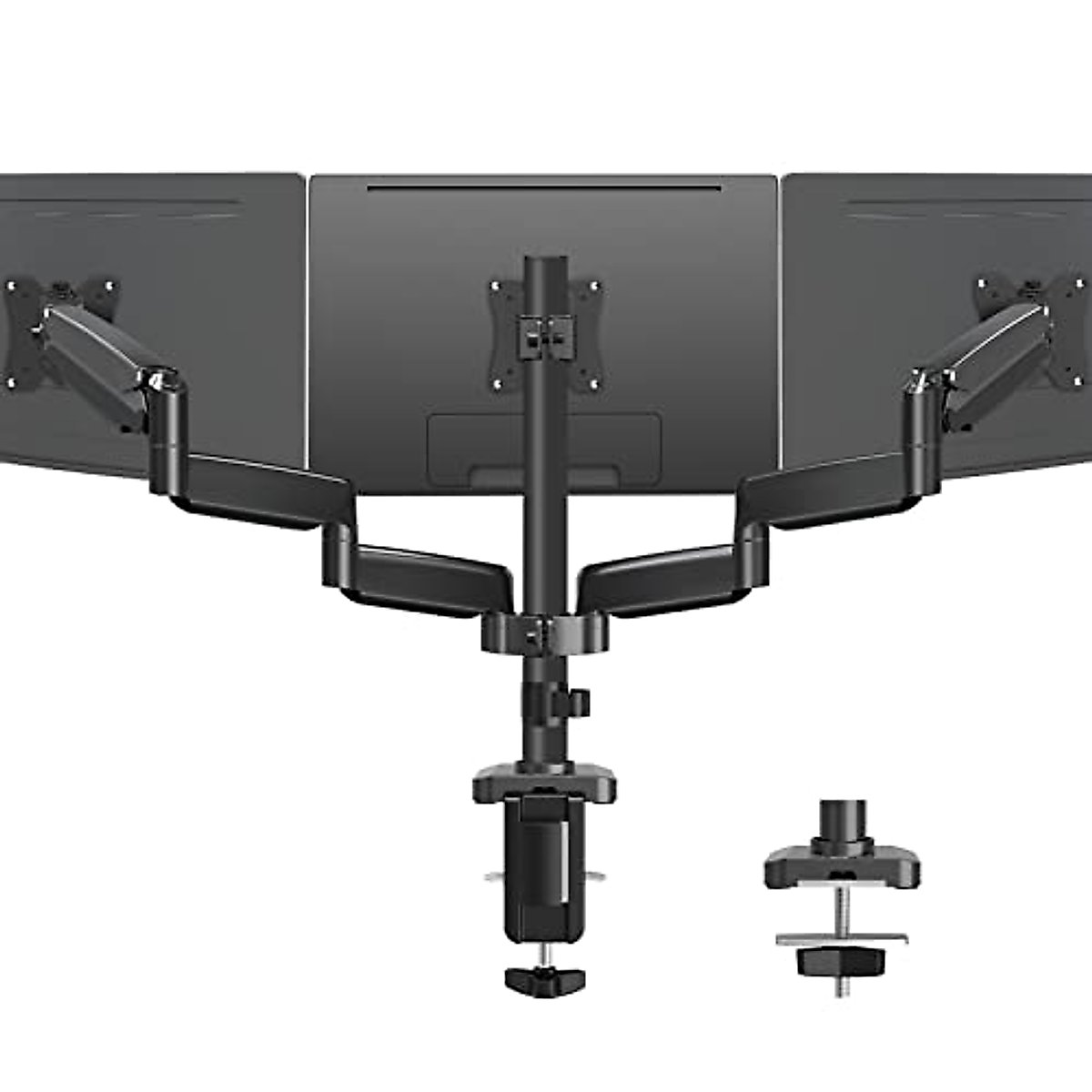 MOUNTUP Triple Monitor Mount, 3 Monitor Stand Desk Arm for Max 32 Inch Computer Screens, Max Extension 64.5" Gas Spring Triple Monitor Holder Support 2.2-17.6lbs, VESA Bracket with Clamp/Grommet Base
