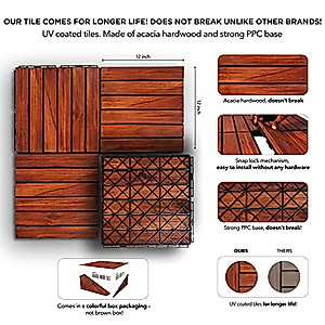flybold Acacia Wood Outdoor Flooring Interlocking Deck Tiles (Pack of 10, 12" x 12") Patio Flooring Waterproof UV Protected All Weather Tile for Composite Decking Dance Floor for Outdoor Party Balcony