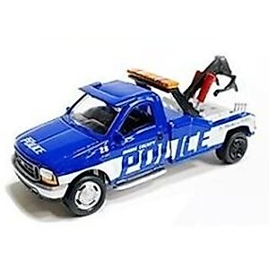 1999 F-450 Police Tow Truck Blue with White Stripes Active Duty Limited Edition to 2,400 Pieces Worldwide 1/64 Diecast Model by Johnny Lightning JLCP7255