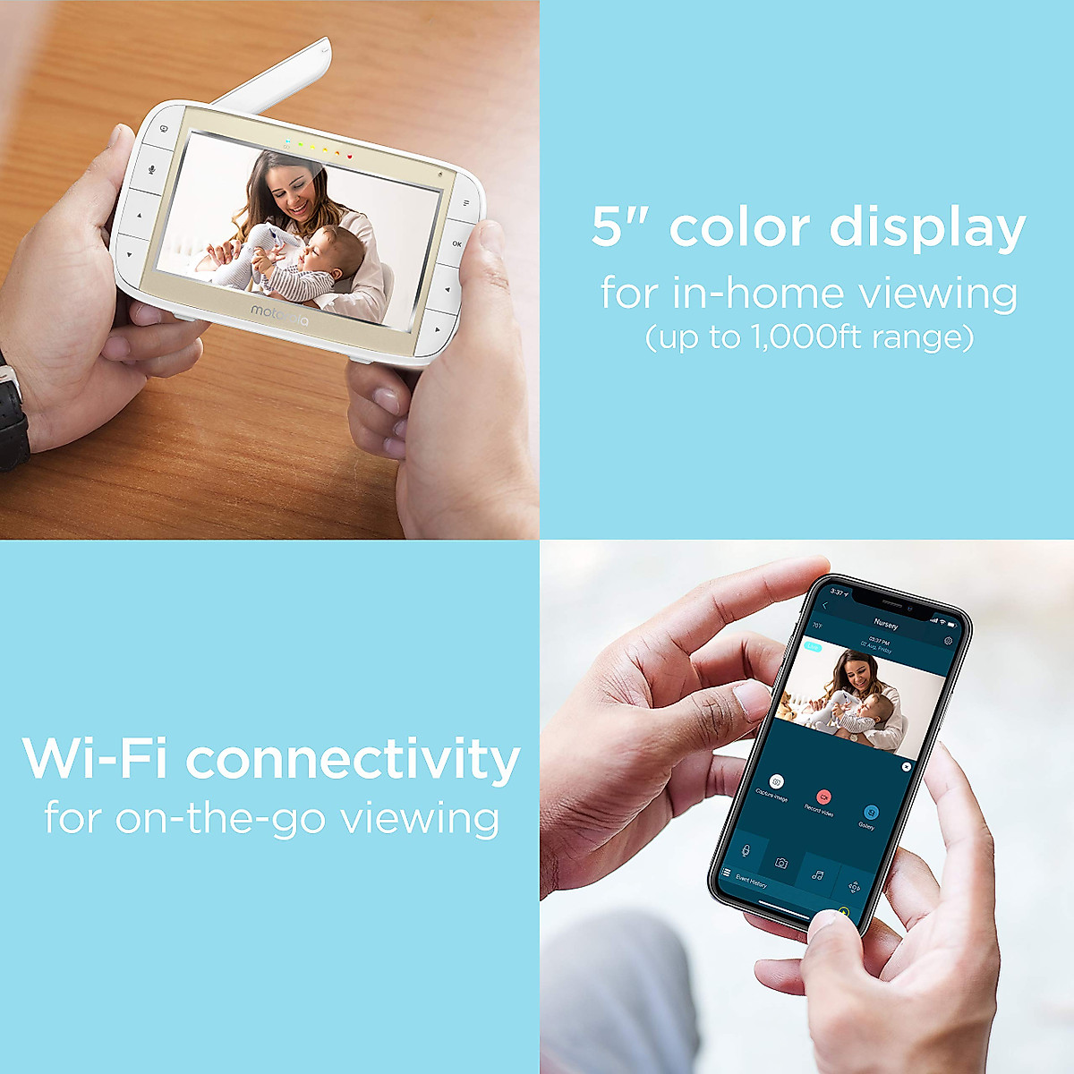 Motorola MBP844CONNECT Wireless WiFi Video Baby Monitor - 5-Inch HD Color Screen, 2-Way Talk Communication - Sound, Motion, Temperature Alert - Digital Zoom, Night Vision, 5 Lullabies - 1000ft Range