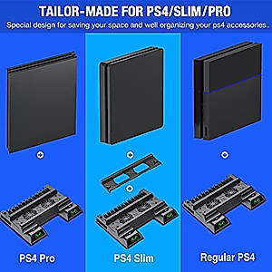 Kawaye PS4 Stand Cooling Fan for PS4 Slim/ PS4 Pro/Regular PlayStation4, PS4 Vertical Stand Controller Charger Station for Dual Charging, PS4 Accessories with Game Storage for Playstation Consoles