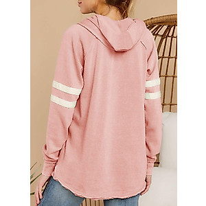 Womens V Neck Hoodies with Pockets Long Sleeve Striped Pullover Tops Sweatshirt Pink