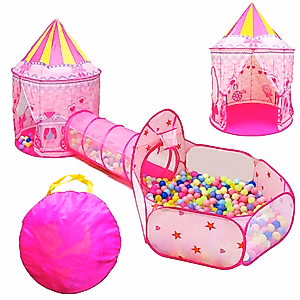 LOJETON 3pc Princess Fairy Tale Kids Play Tent, Oval Crawl Tunnel, Ball Pit for Toddlers, Indoor Outdoor Playhouse Castle Toys, Baby Boys Girls for 3 4 5 6 7 Years Old (Balls Not Included)