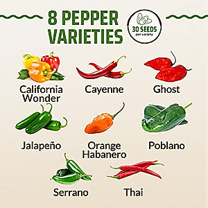 Rooted Acre 8 Varieties Pepper Seeds - Non GMO, USA, Heirloom Hot Pepper Seeds inc Ghost and Jalapeno - High Germinating Pepper Seeds for Planting Home Garden: Serrano, California Wonder, and More