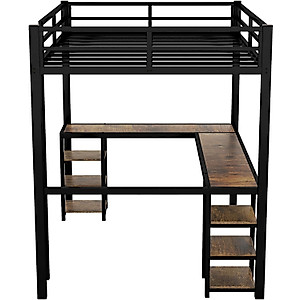 Full Size Loft Bed, Loft Bed with L-Shaped Wooden Desk and Storage Shelves, Metal Loft Bed Frame with Guardrail and Built-in Ladder, for Girls Boys Junior Adults, Space-Saving Design, Black and Brown