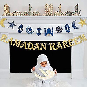 Ramadan Kareem Banner Gold Glitter Eid Mubarak Party Decorations with Moon and Stars Lights Garland for Muslim Islam Eid Festival Party Supplies