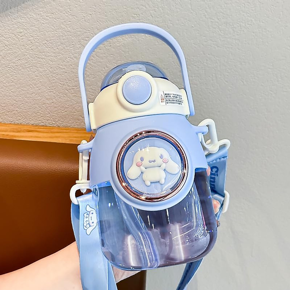 28 oz Kawaii Water Bottle for Girls, Cute Water Bottles with Straw and Shoulder Strap, Large Capacity Portable Summer Leak Proof Water Bottle for Kids,820ML (Blue)