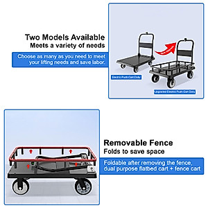Electric Push Cart Dolly, Moving Platform Hand Truck, 1322 lb Weight Capacity, 20KM Range, Foldable, 360 Degree Swivel Wheels, Black (with Fence, 35.4 * 23.6inch)