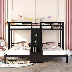 Harper & Bright Designs Triple Bunk Bed with Stairs, Twin Bunk Beds for 3, Wooden Bunk Bed with Built-in Staircase and Little Drawer for Kids Teens Adults, Espresso