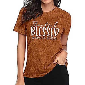 Thankful Blessed and Kind of A Mess T Shirt for Women Thanksgiving Shirts Short Sleeve Fall Tops Tees (Orange, XX-Large)