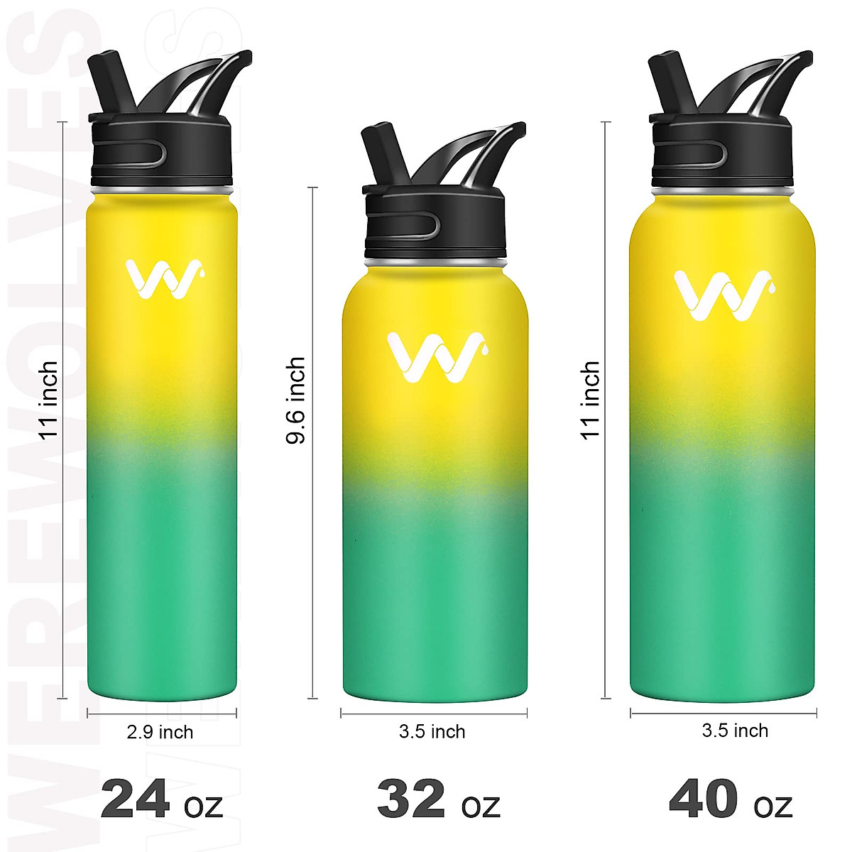 WEREWOLVES 32 oz Insulated Water Bottle With Paracord Handles & Strap & Straw Lid & Spout Lid,Reusable Wide Mouth Vacuum Stainless Steel Water Bottle for Adults (New-Yellow Green, 32 oz)