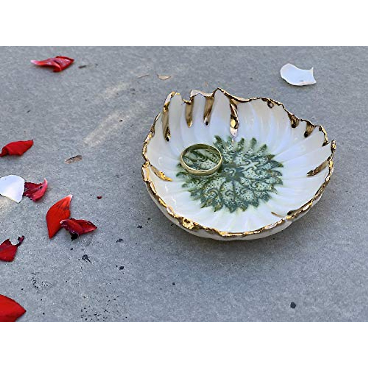Green Lotus Flower Ring Dish with Gold Rim, Handmade Ceramic Trinket Dishes, Jewelry Gifts for Women and Men -stock photo, please read description