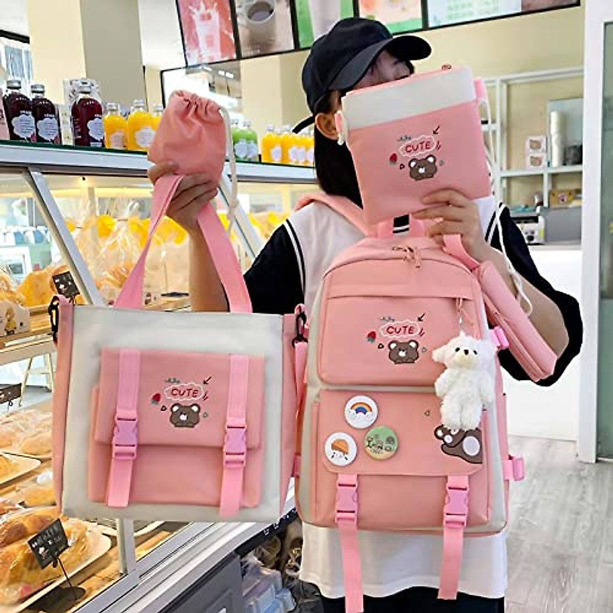MOJIDUO 5Pcs Set Kawaii Backpack with cute plush Pendants & Badge,19 gallon capacity School Bag Cute Aesthetic Backpack
