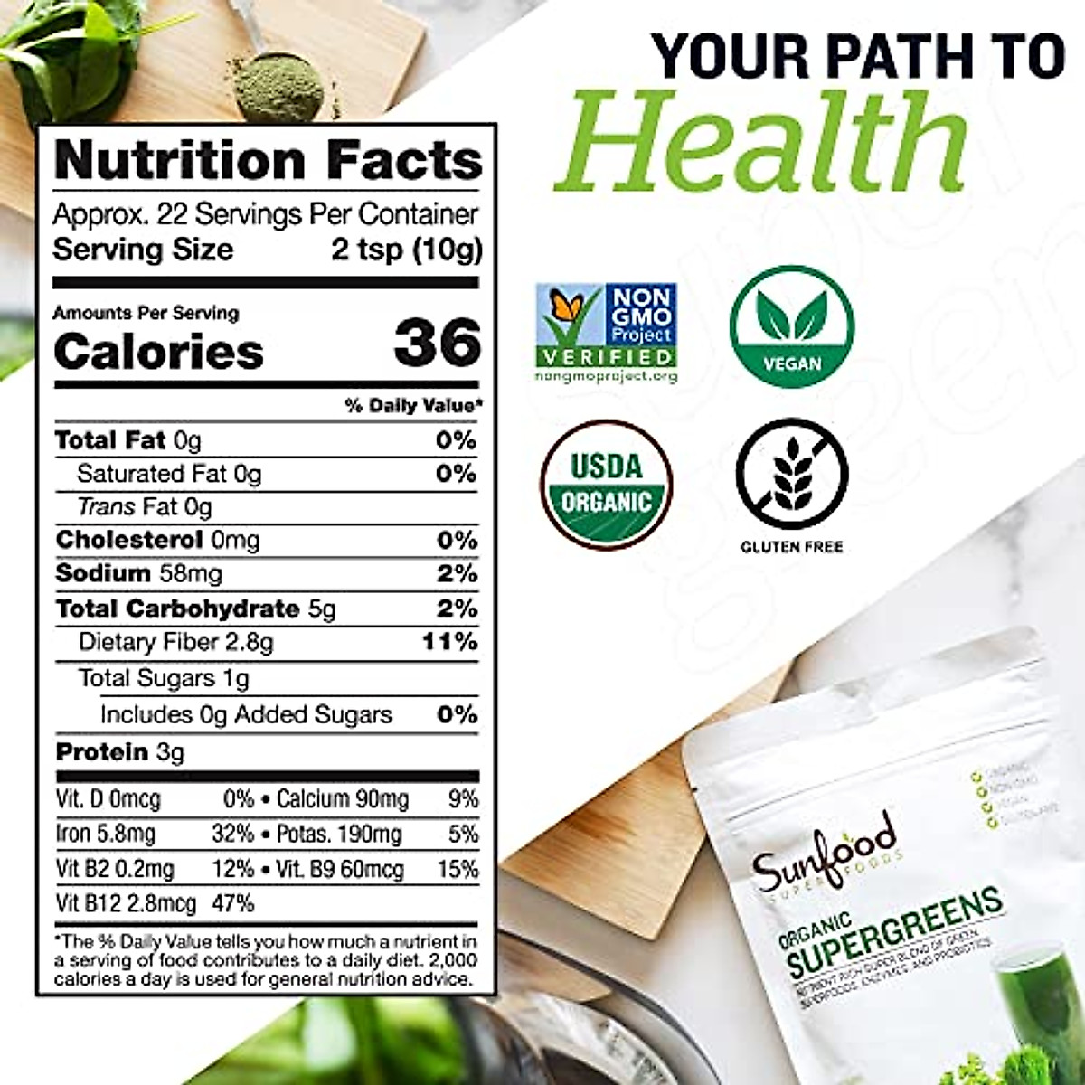 Sunfood Superfoods Super Greens Powder, Organic Green Juice/Smoothie Mix w/Digestive Enzymes & Probiotic for Gut Health, Good Source of Liquid Chlorophyll, Spirulina & Chlorella, 8 oz, 22 Servings