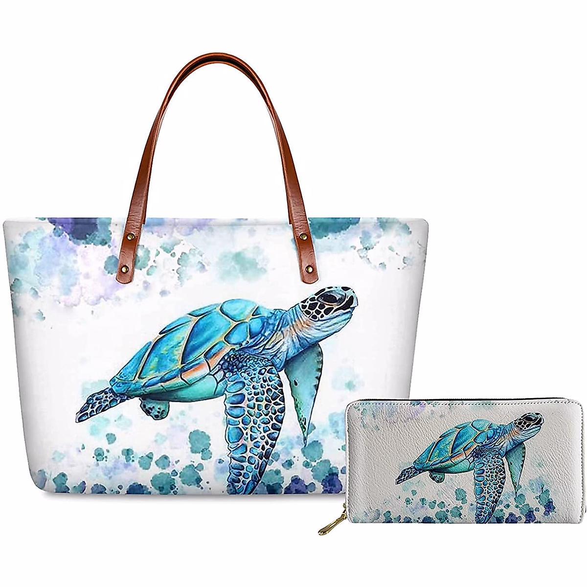 Wideasale Women's Handbag Wallet 2Pcs Set,Sea Turtle Roomy Shoulder Bag Ladies Zip Purse Fashion Tote Portable Casual Top Handle Bag