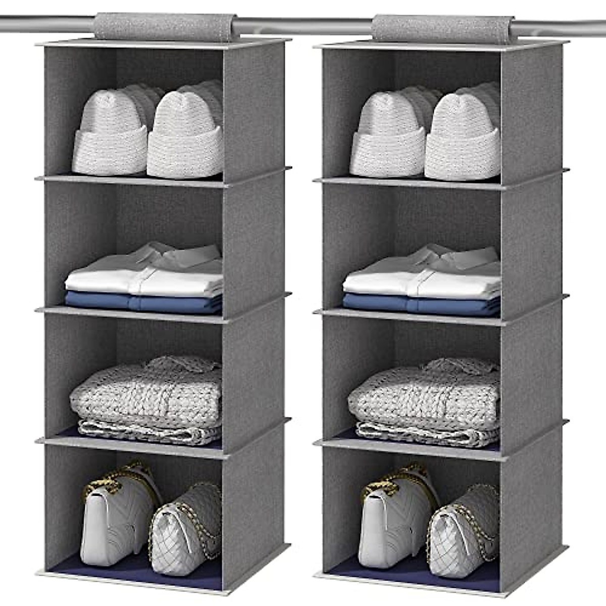 JONZIN 2 Pack Hanging Closet Organizer and Storage 4-Shelf, Hanging Shelves for Closet, Collapsible Wardrobe Hanging Shelves Organizer for Bedroom or Garment Rack, 11.81" x 11.81" x 27.95"