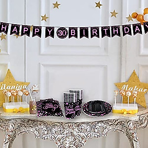 Rainmae 30th Pink Gold Birthday Party Supplies Tableware Set-16 Guests Include Plates Cups Napkins Knives Spoons Forks Table Cloth Banner for 30 Years Old Party Decoration Birthday Wedding Anniversary
