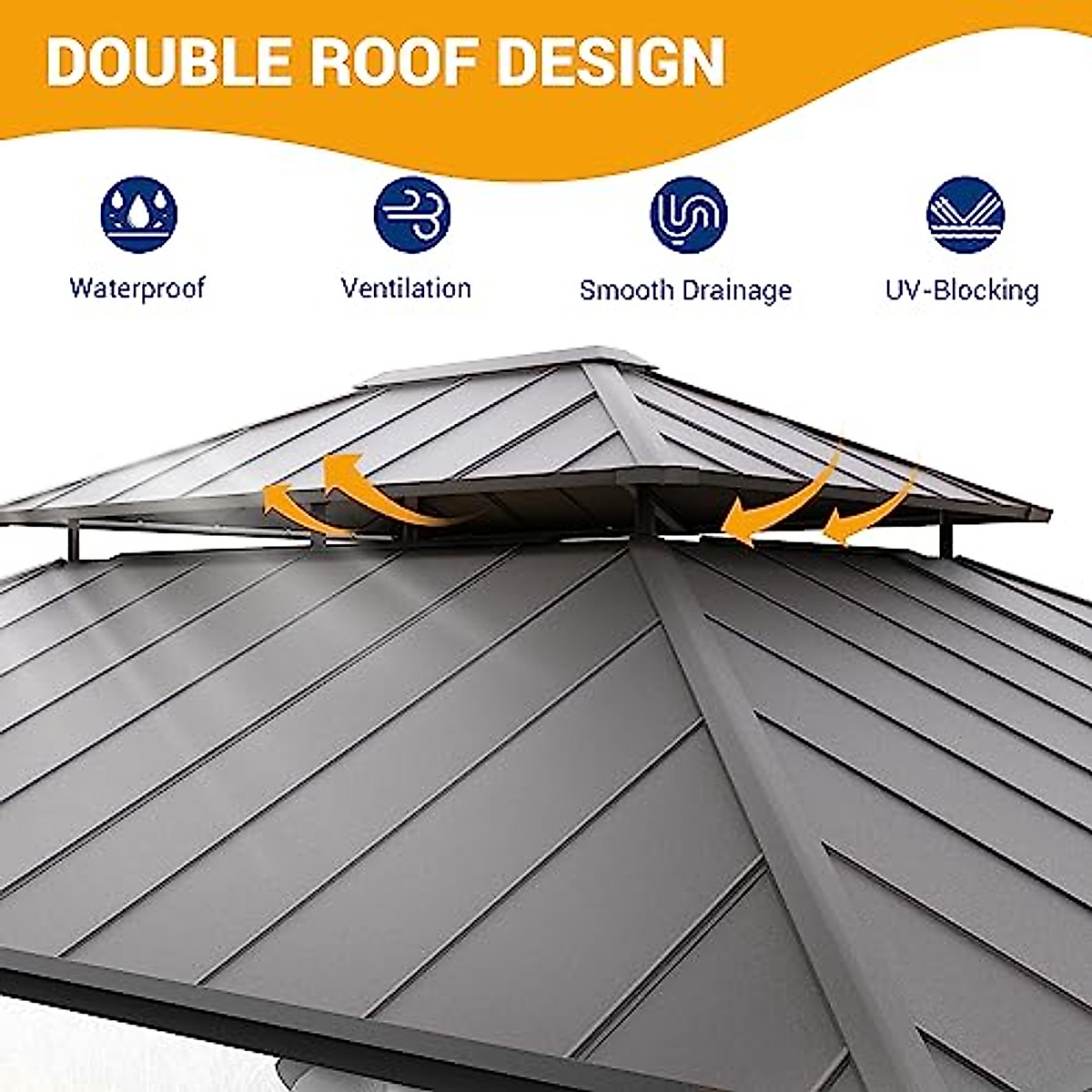 VONZOY 12' x 14' Hardtop Gazebo, Heavy Duty Double Roof Galvanized Steel Outdoor Metal Gazebo with Nettings & Curtains, Aluminum Gazebo with Vertical Stripes Roof for Patio, Backyard, Lawns [Grey]