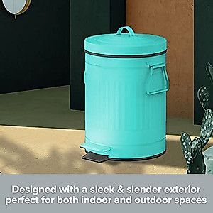 Retro Trash Can with Lid - 5L/1.3 Gal Step Trash Can w/ Soft Closing Lid - Round Garbage Can w/ Handles - Touchless Trash Can w/ Removable Garbage Guard Bucket - Outdoor Garbage Can - Large Trash Can, Teal