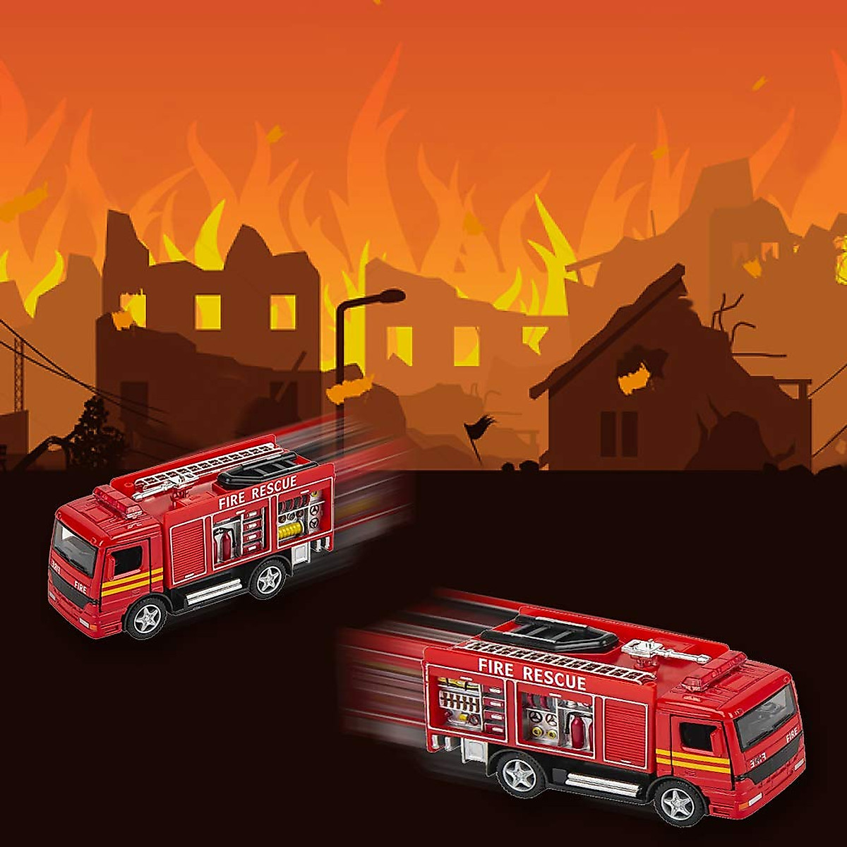 ArtCreativity 5 Inch Diecast Fire Engine Rescue Trucks, Set of 2, Diecast Toy Firetrucks with Pullback Mechanism, Great Gift Idea for Boys and Girls