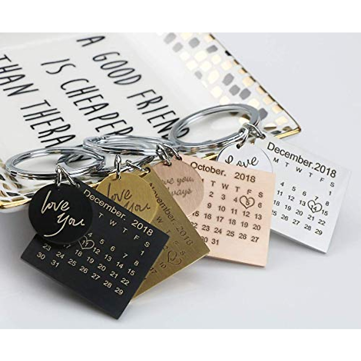 onlylove-handmade Personalized Engraved Calendar Date Keychain Custom Message Stainless Steel Keyring Memorial Keepsake Gift for Anniversary (Silver)